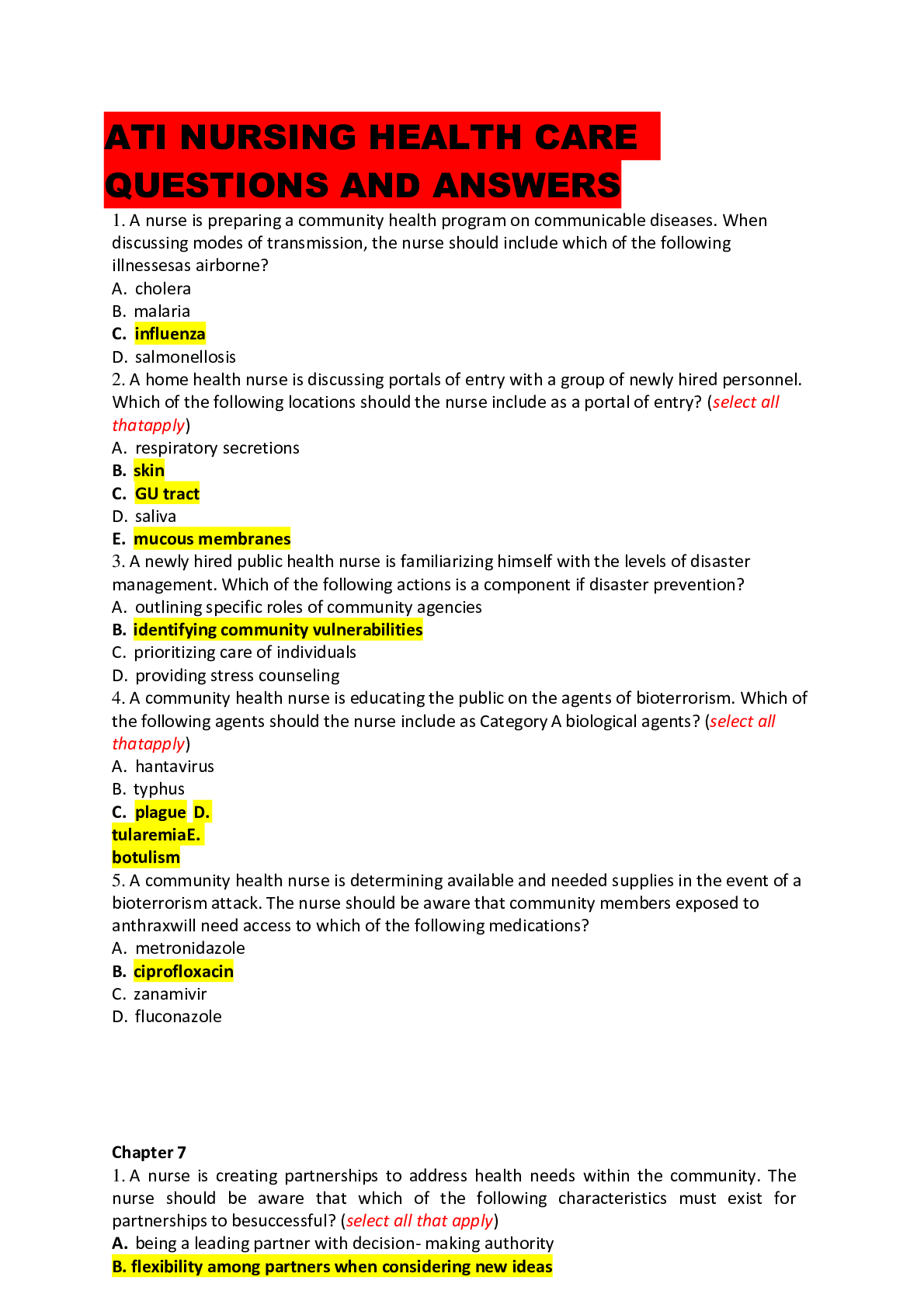 ATI NURSING HEALTH CARE QUESTIONS AND ANSWERS - Scholarfriends